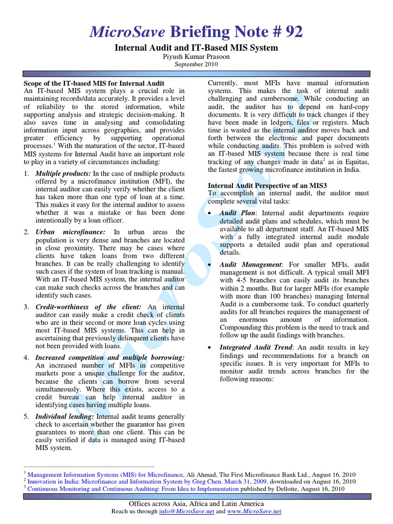 Internal Audit MIS System | PDF | Audit | Microfinance