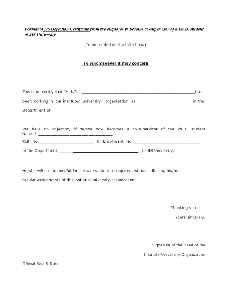 Format of No Objection Certificate From The Employer To Become Co Supervisor of A PHD Student | PDF