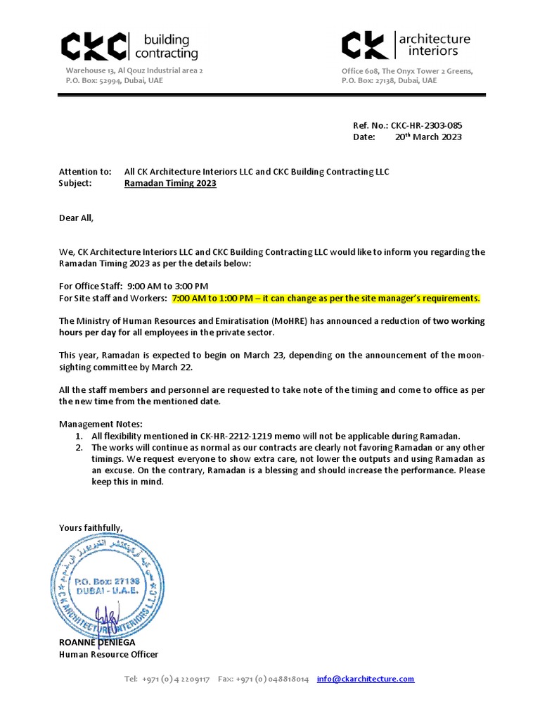 Ramadan 2023 Office Timing Notice | PDF
