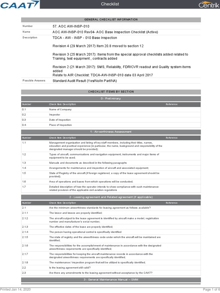 AOC AW INSP 010 Rev04 AOC Base Inspection Checklist | PDF | Flight ...