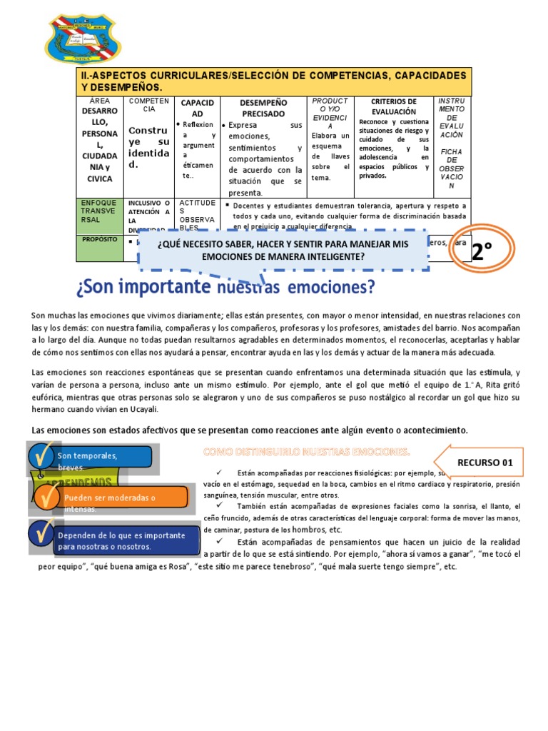Ficha 2° - DPCC - Controlar Mis Emociones | PDF | Las emociones | Sicología