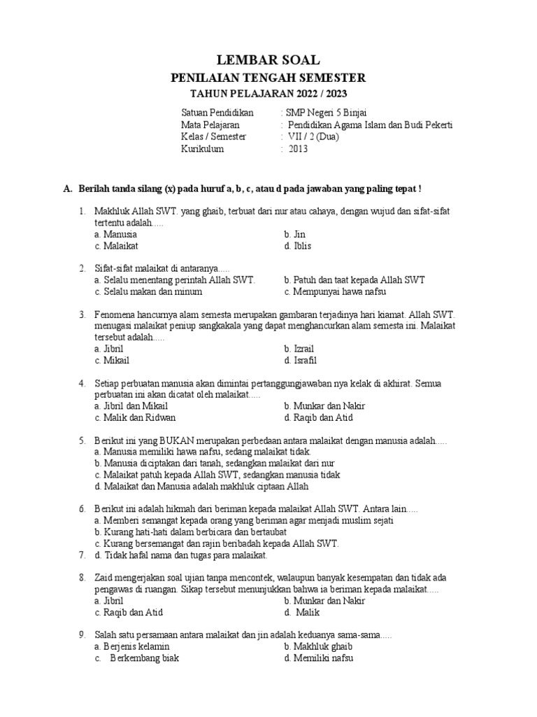 Soal Mid Pai Kelas Vii Semester Ii | PDF