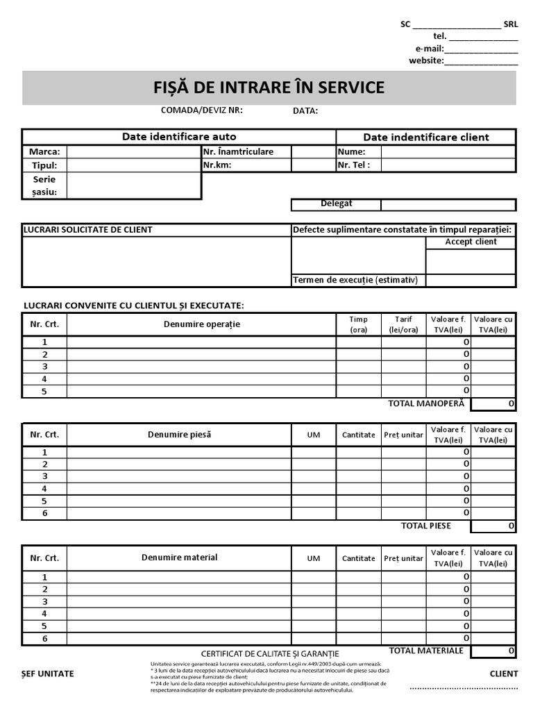 Fisa Intrare Service | PDF