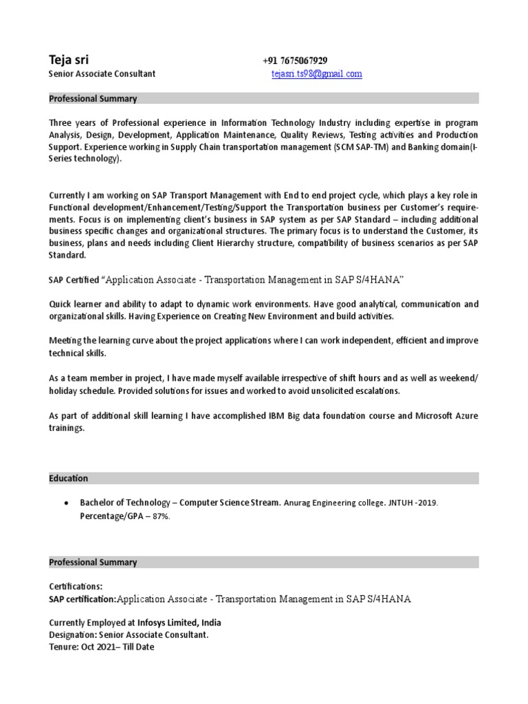 Resume of Teja Sri Highlighting Over 3 Years of Experience in SAP Transportation Management and ...