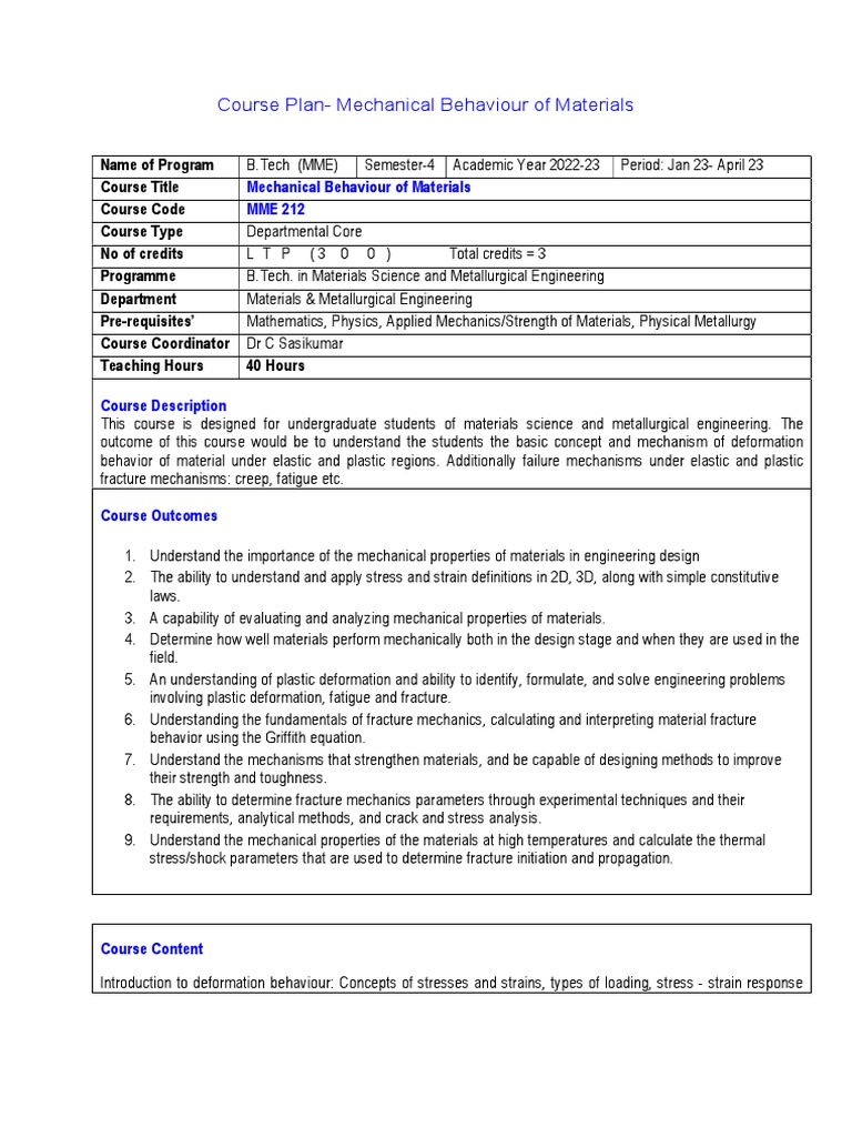 Course Plan-Mechanical Behaviour of Materials | PDF | Dislocation | Deformation (Engineering)
