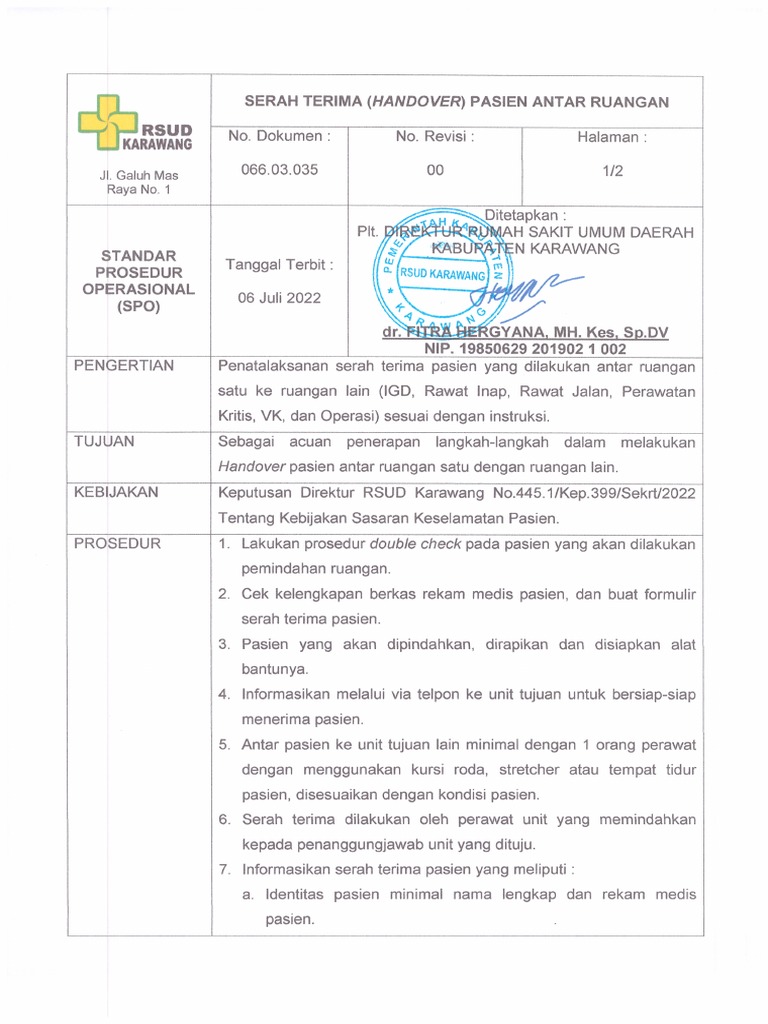 1 - 1 Spo Handover Ruangan | PDF