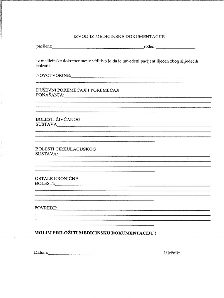 Izvod Iz Medicinske Dokumentacije | PDF