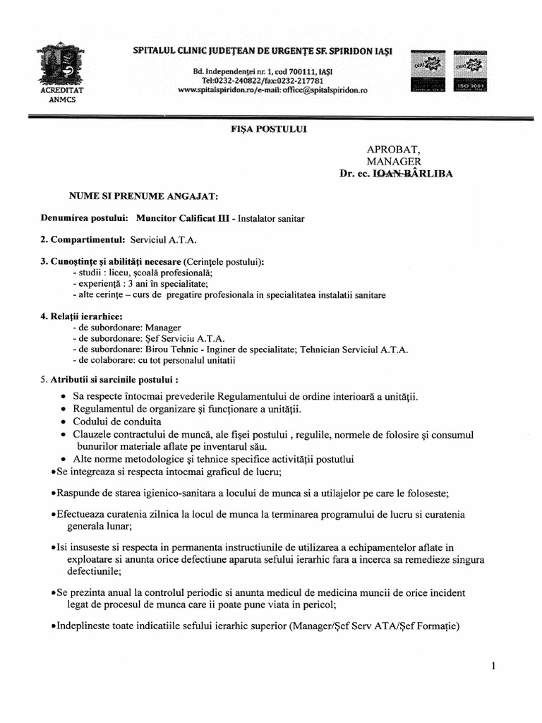 fisa postului muncitor calificat - instalator III | PDF
