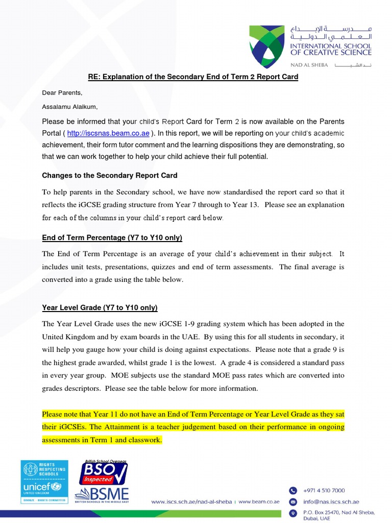 RE: Explanation of The Secondary End of Term 2 Report Card: Dear ...