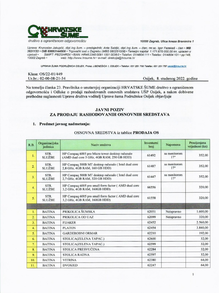 III Javni Poziv Za Prodaju Rashodovanih Osnovnih Sredstava USP Osijek | PDF