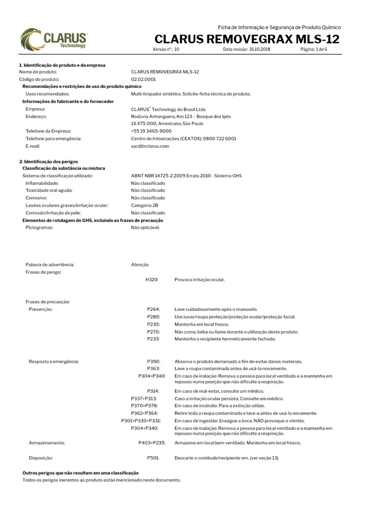 Fispq-Clarus Removegrax Mls-12 16-10-2018 | PDF | Desperdício | Embalagem e rotulagem