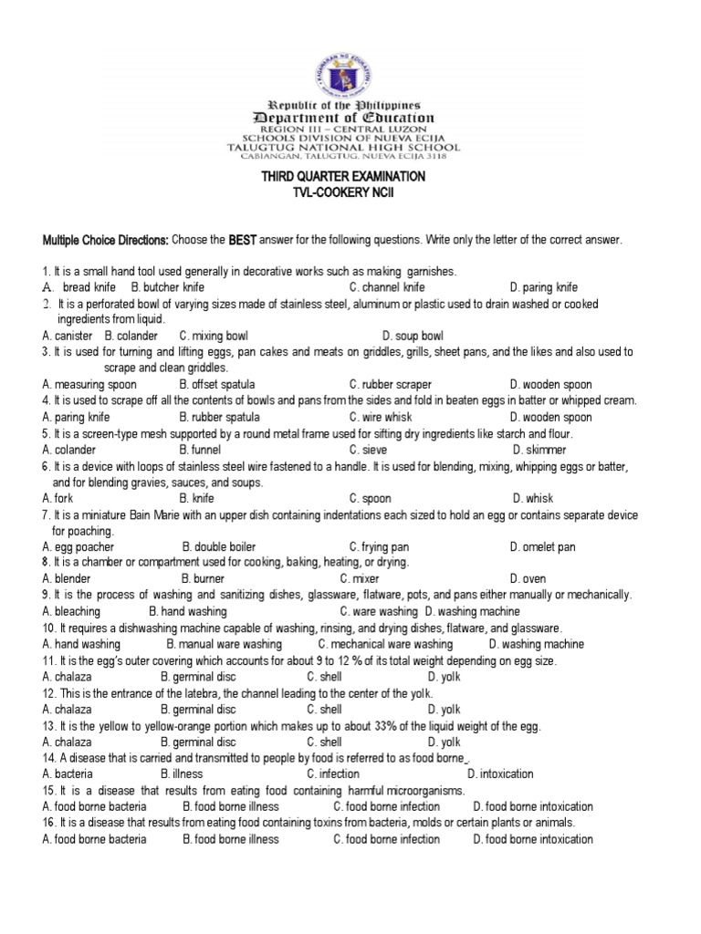 Cookery 3rd QUARTER EXAMINATION | PDF | Starch | Pasta