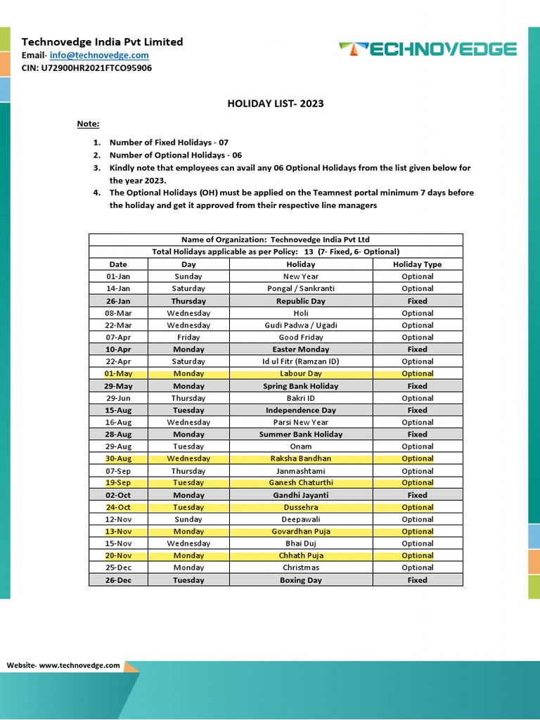 Holiday List 2023 - Technovedge | PDF | Observances | Festival