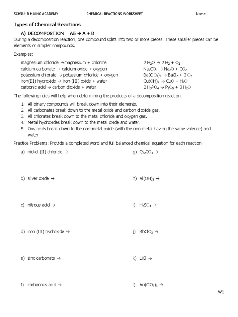 Chemical Reactions Worksheet | PDF