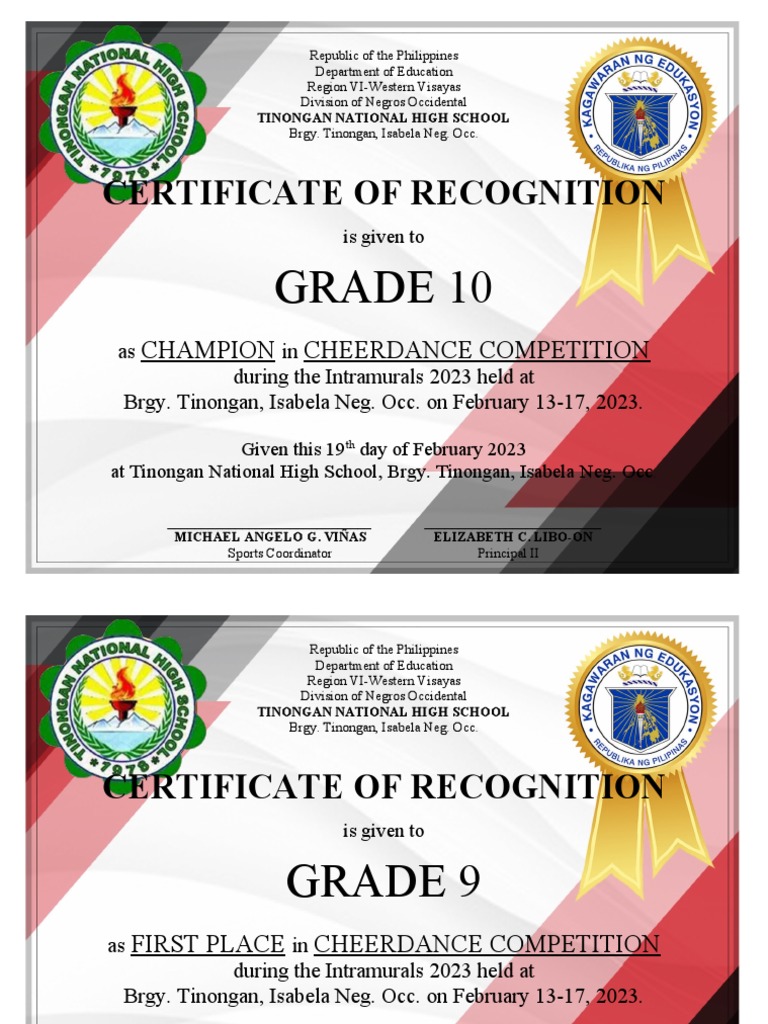Certificate For Intrams (Cheerdance) | PDF