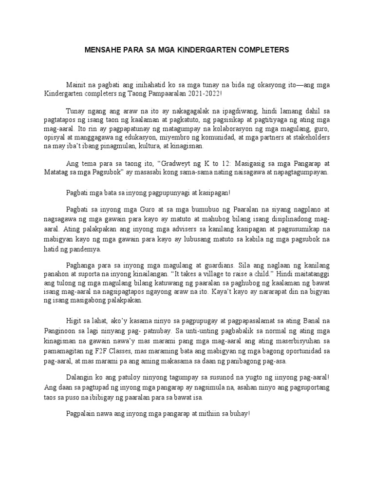 Mensahe at Paghaharap para Sa Mga Kindergarten Completers | PDF