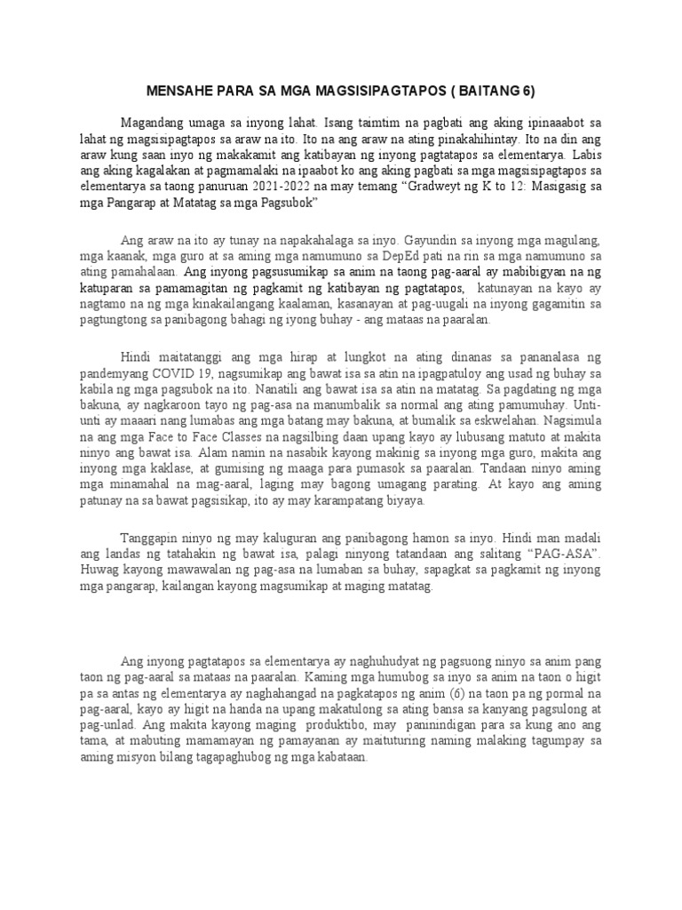 MENSAHE at PAGHAHARAP PARA SA MGA MAGSISIPAGTAPOS GRADE 6 | PDF