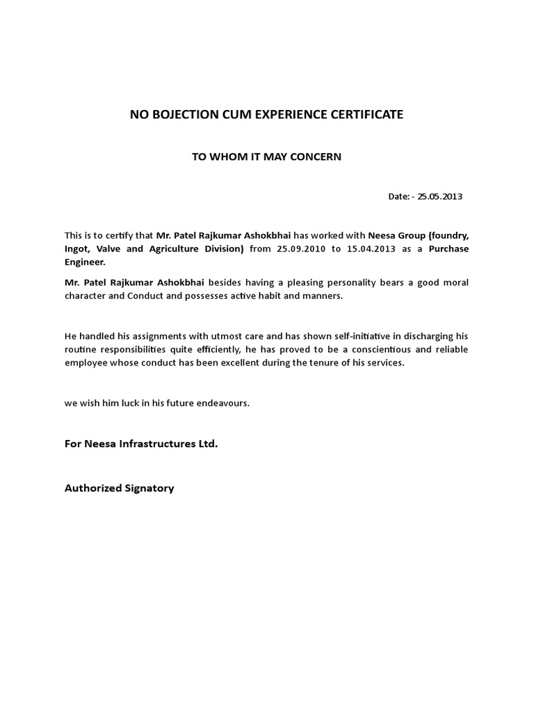 No Bojection Cum Experience Certificate: To Whom It May Concern | PDF