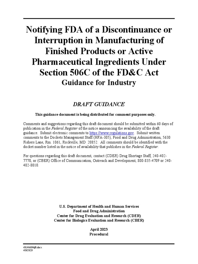 43146039dft-Notifying FDA of A Discontinuance or Interruption in ...
