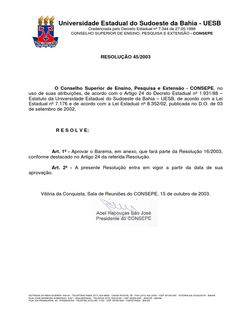 Resolução 45/2003 da UESB sobre Barema | PDF