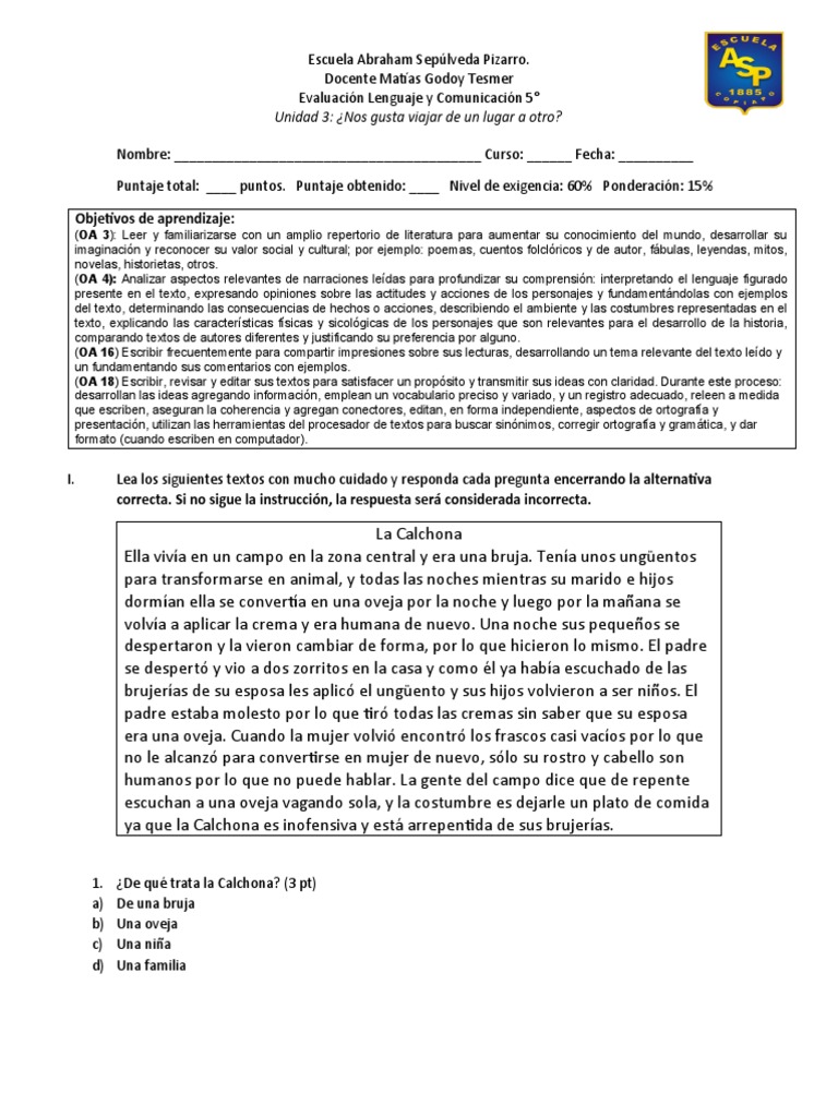 Evaluación de Lenguaje 5°: Viajes y Lectura | PDF