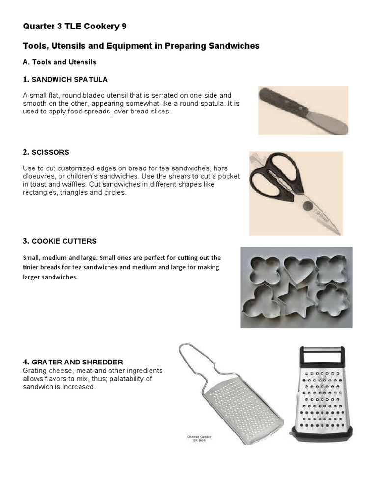 Q3 TLE 9 Tools Utensils and Equipment in Preparing Sandwiches | PDF ...