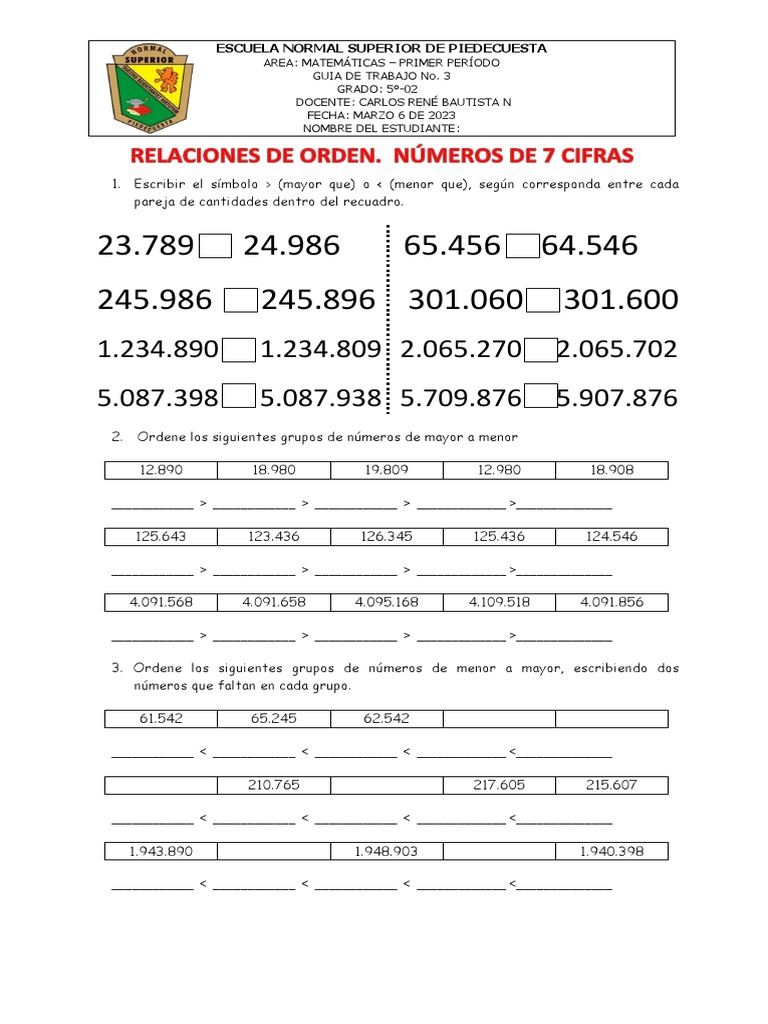 Orden en Números de 7 Cifras | PDF