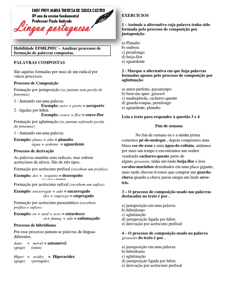 Processos de formação de palavras compostas: justaposição, aglutinação ...