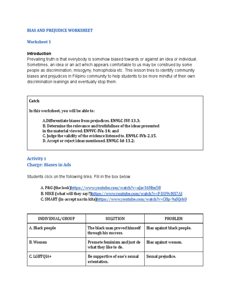 Bias and Prejudice Worksheet | PDF | Bias | Prejudices