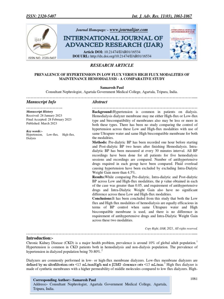 Prevalence of Hypertension in Low Flux Versus High Flux Modalities of ...