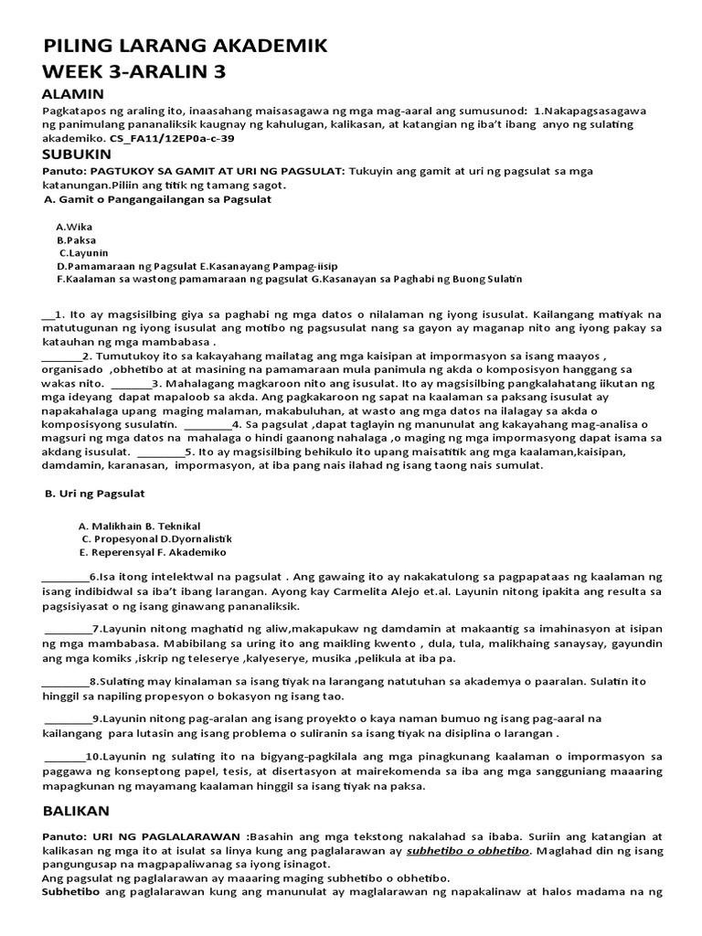 Piling Larang Akademik Week 3 Aralin 3 Module | PDF