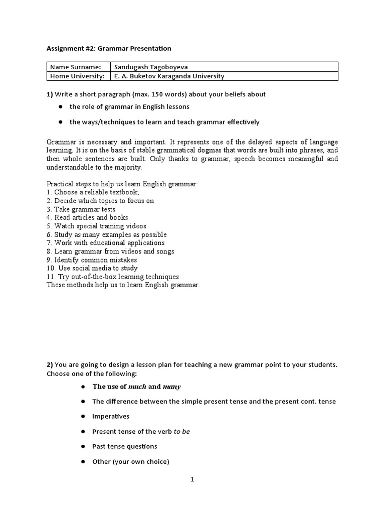 Assignment #2: Grammar Presentation | PDF | Grammatical Tense | English Grammar