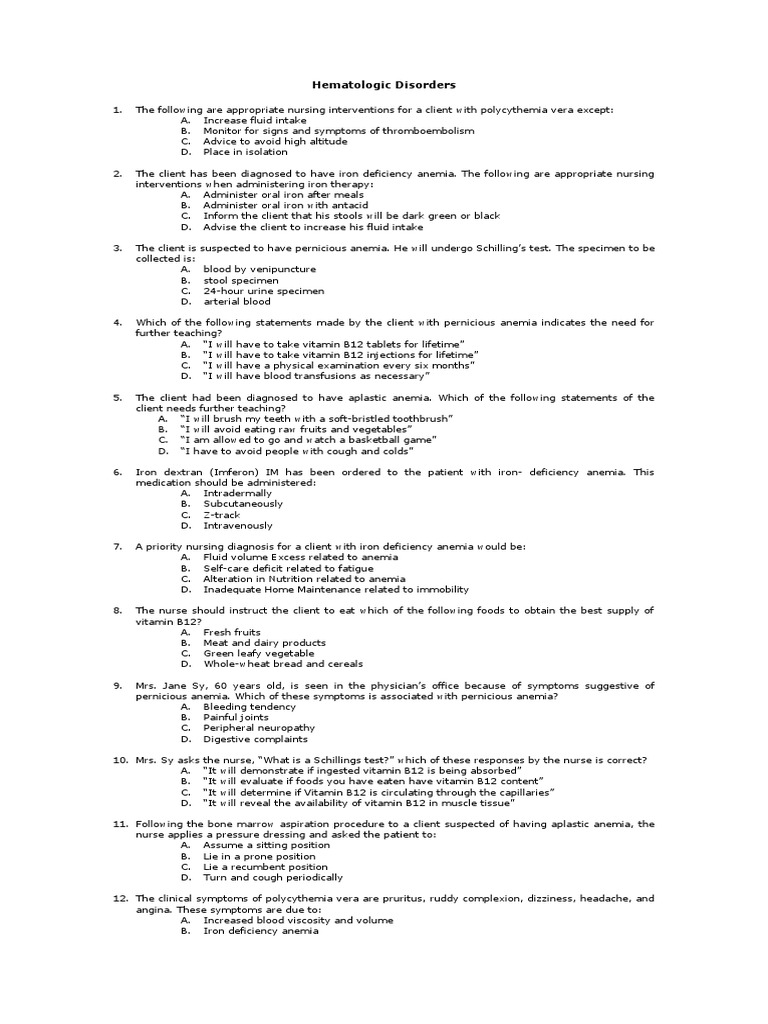 Hematologic Disorders Test Drill For Ikonek 2 | PDF | Anemia | Vitamin B12