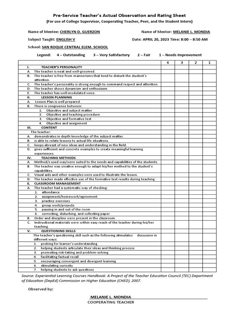 Pre Service Actual Teaching Observation and Rating Sheet | PDF