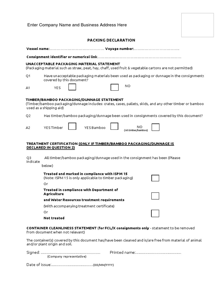 2021 Packing Declaration Per Shipment Add Letter Head | PDF