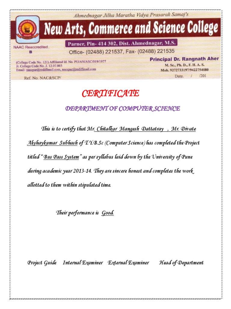 Bus Pass System Project Certificate | PDF