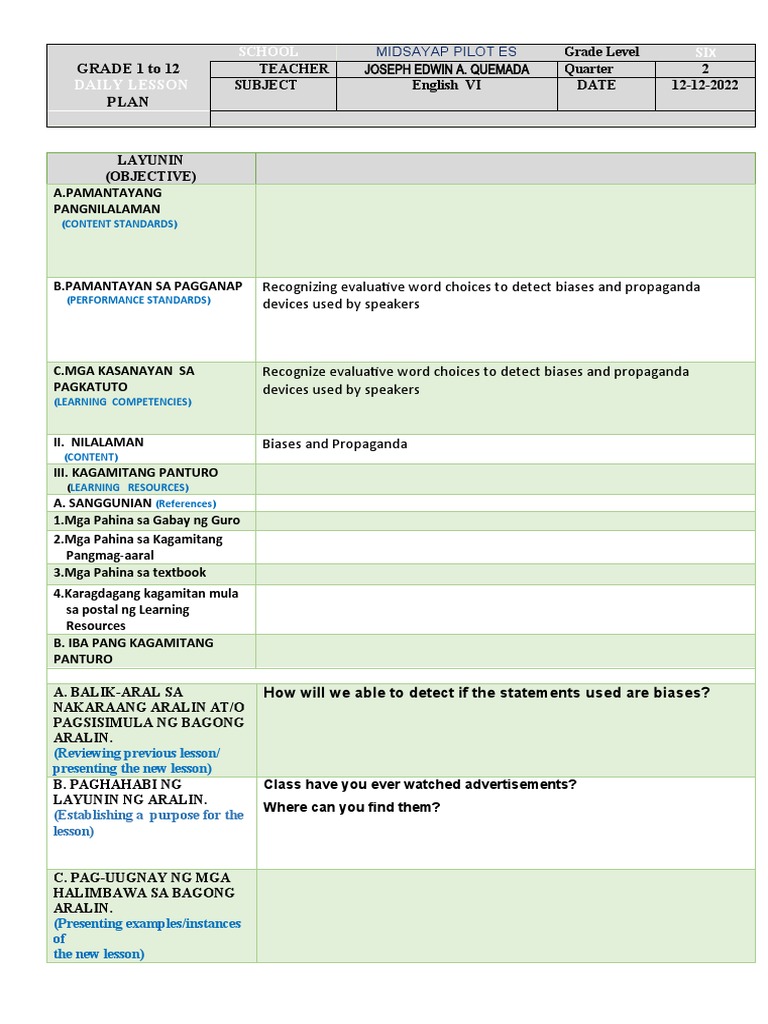 Grade 6 English Lesson Plan on Biases | PDF | Teaching | Communication