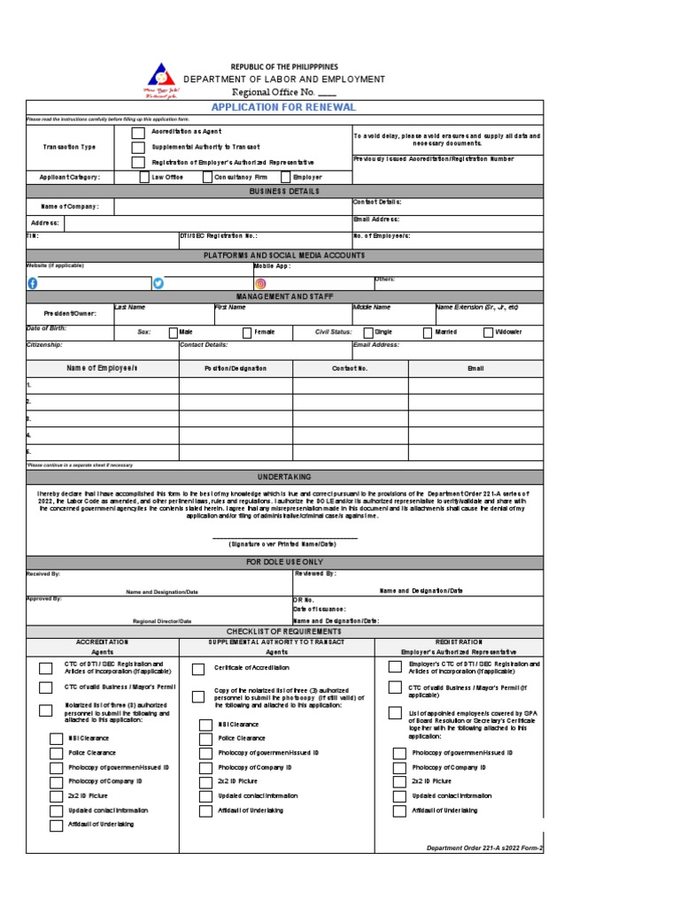 DOLE Renewal Application Form Guide | PDF | Employment | Identity Document