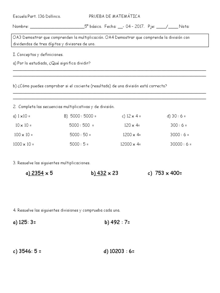 Prueba 5° Multiplic y División | PDF