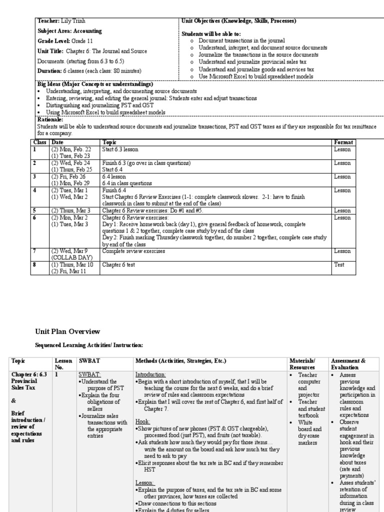 Lily Trinh - Accounting 11 - Chapter 6 Unit Plan | PDF | Taxes | Homework