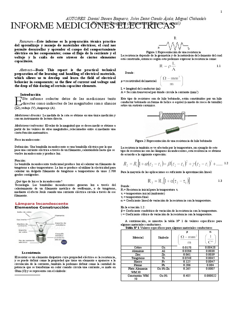 Informe Mediciones Electricas | PDF | Resistor | Tungsteno