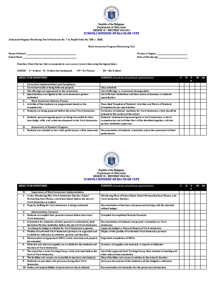 SHS Work Immersion Progress Monitoring Tool | PDF | Curriculum | Evaluation
