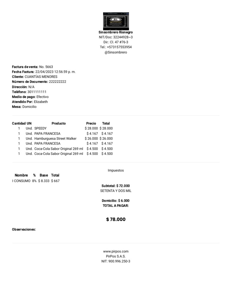 PirPos - Imprimir Factura Tirilla | PDF