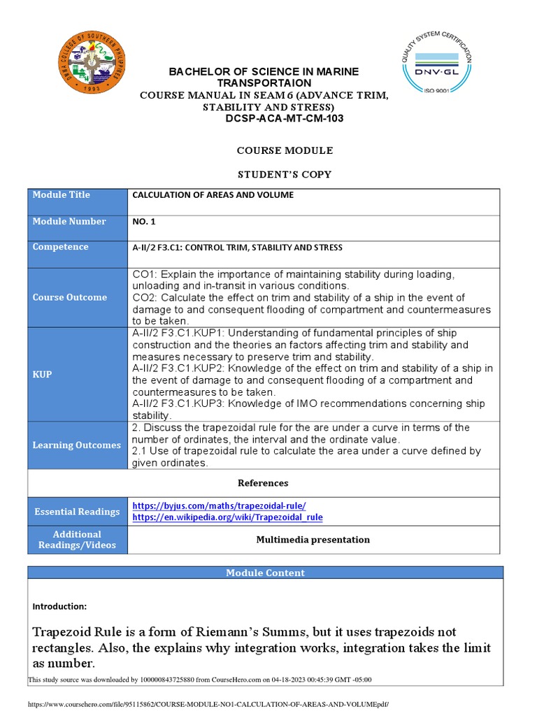Course Module No.1 Calculation of Areas and Volume PDF | PDF