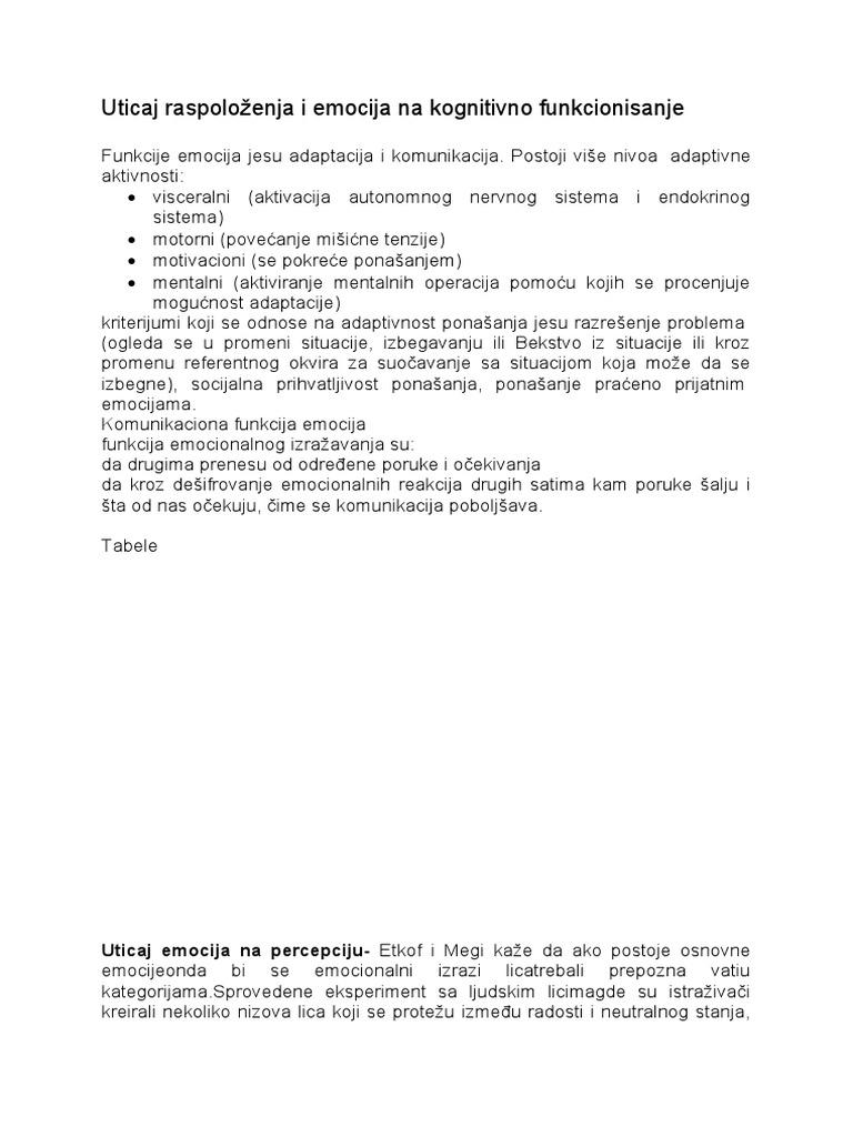 Uticaj Raspoloženja I Emocija Na Kognitivno Funkcionisanje Pdf