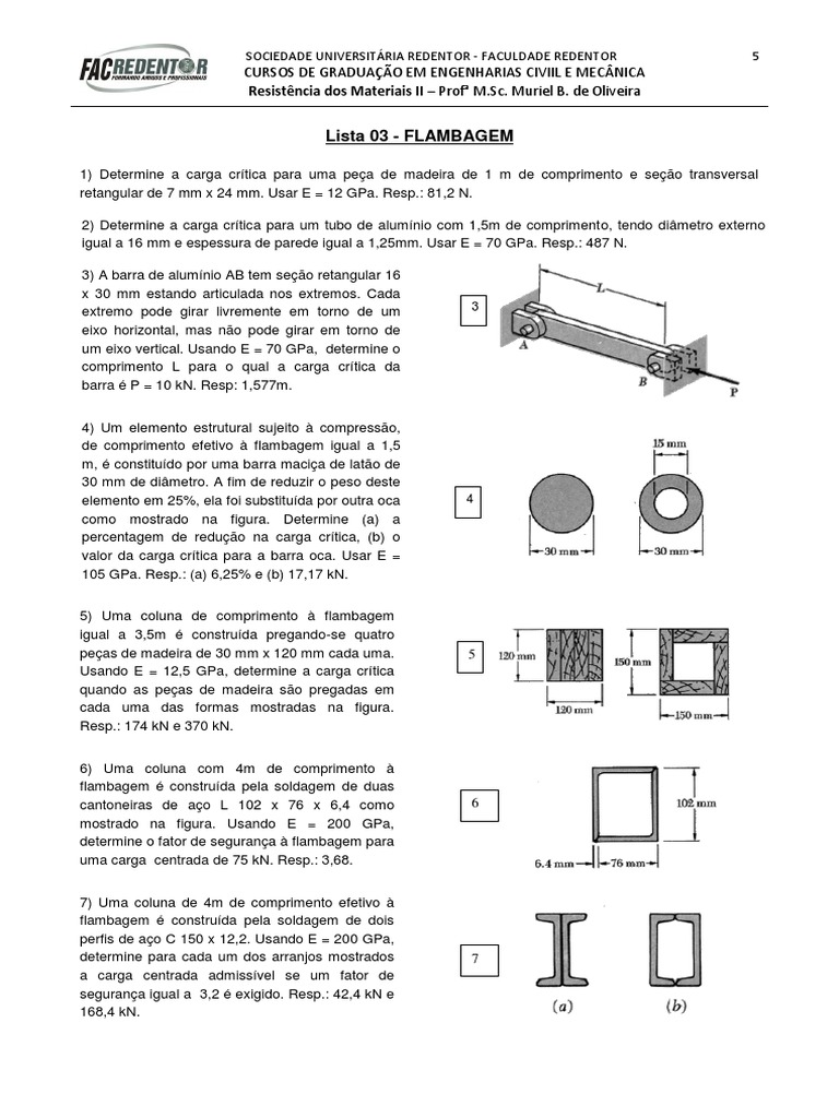 Lista 3 Flambagem | PDF | Flambagem | Mecânica de continuidade