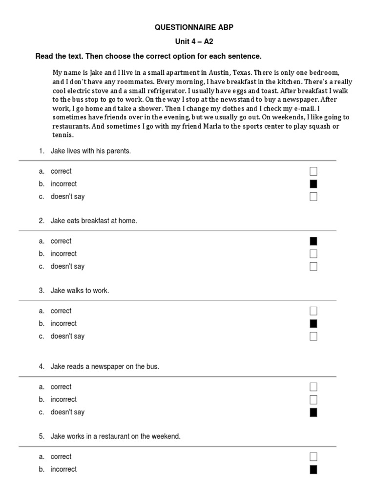 QUESTIONNAIRE-ABP-A2- Unit 4 | PDF | Grammar | Linguistics