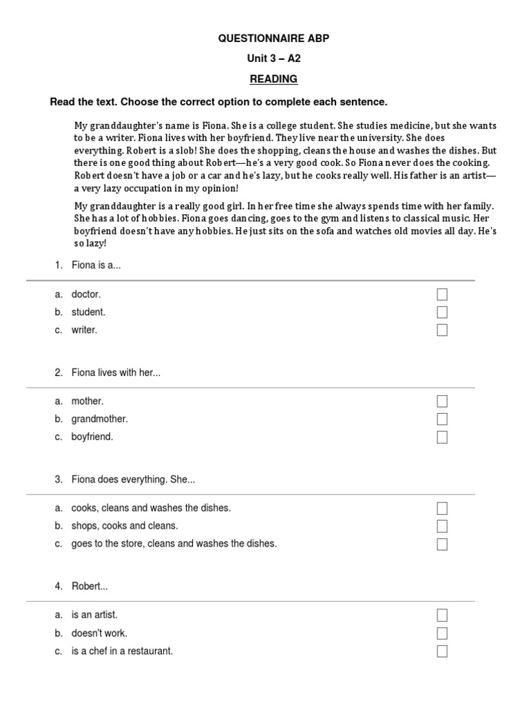 Questionnaire Abp Unit 3 - A2 Reading Read The Text. Choose The Correct Option To Complete Each ...