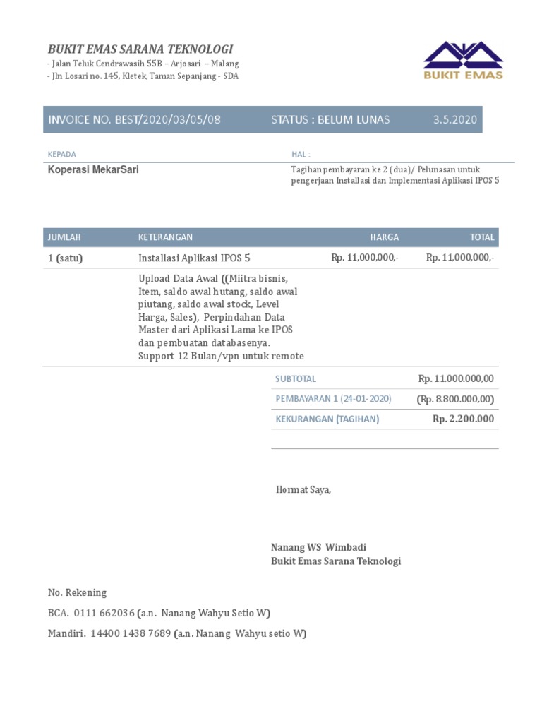 Tagihan Pelunasan Implementasi IPOS | PDF