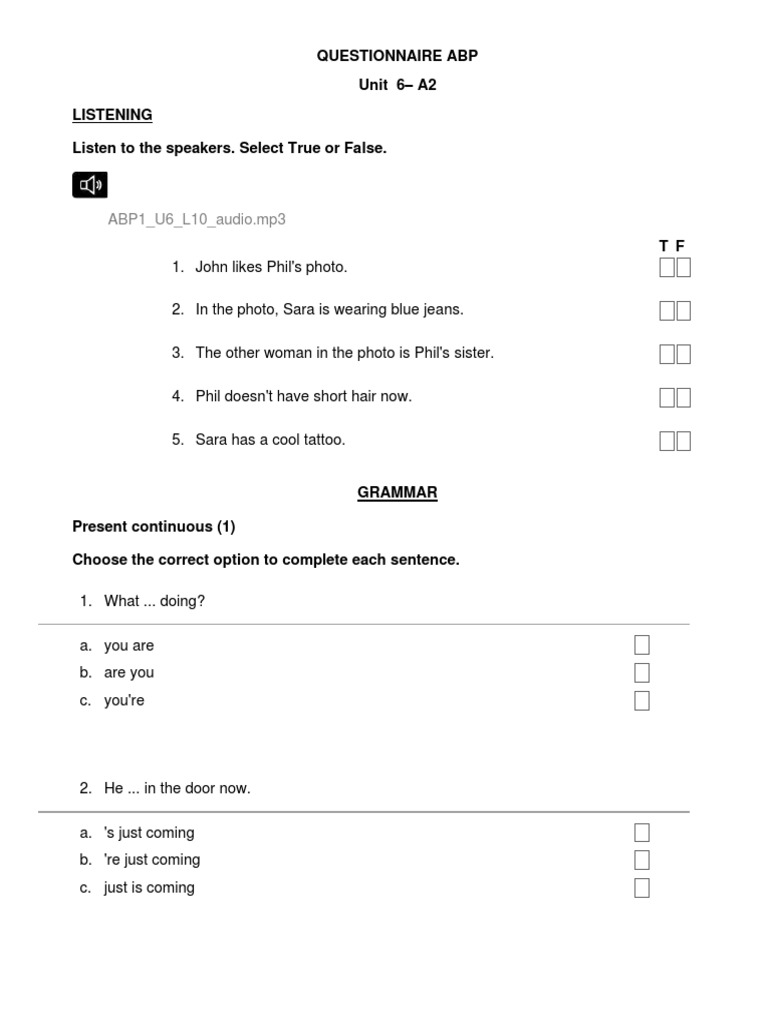 ABP1 - U6 - L10 - Audio - mp3: Questionnaire Abp Unit 6 - A2 Listening ...